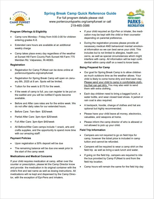 Spring Break Camp — Porter County Parks and Recreation