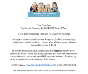 Preschool Enrollment Open for the 2024-2025 School Year! — Clare ...