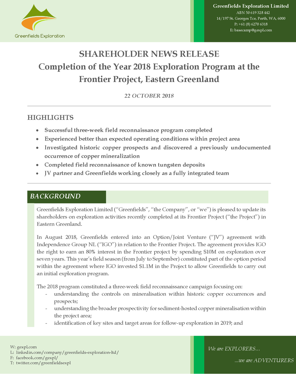 News — Greenfields Exploration