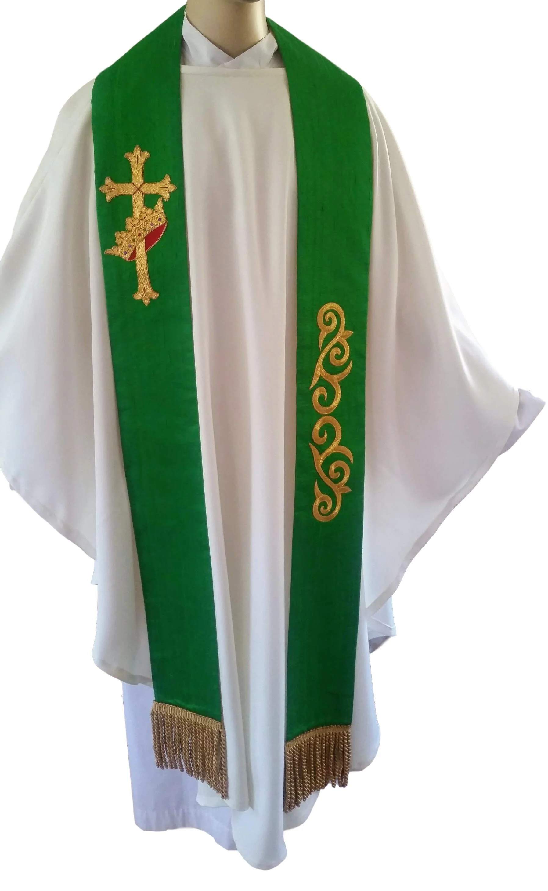 ST-610 Emerald Green Silk Clergy Stole w Cross & Crown Applique and ...