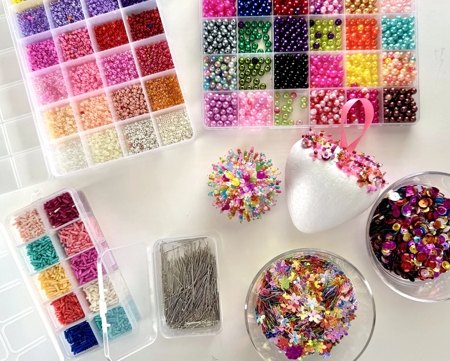 Bead and Sequin Styrofoam Trees, Ornaments, and Moons — Apricot Polkadot