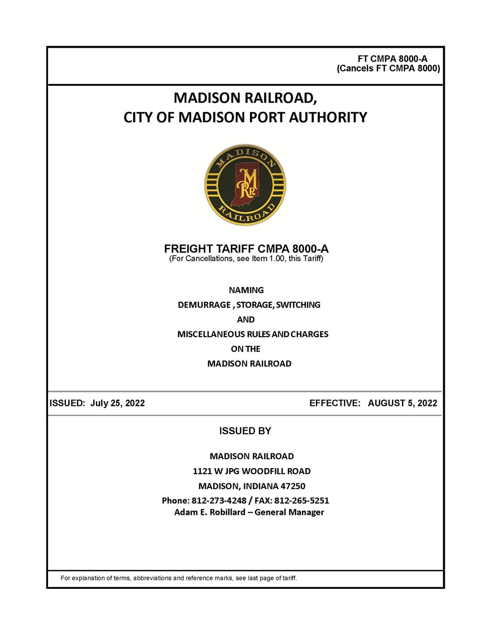 Tariffs — Madison Railroad