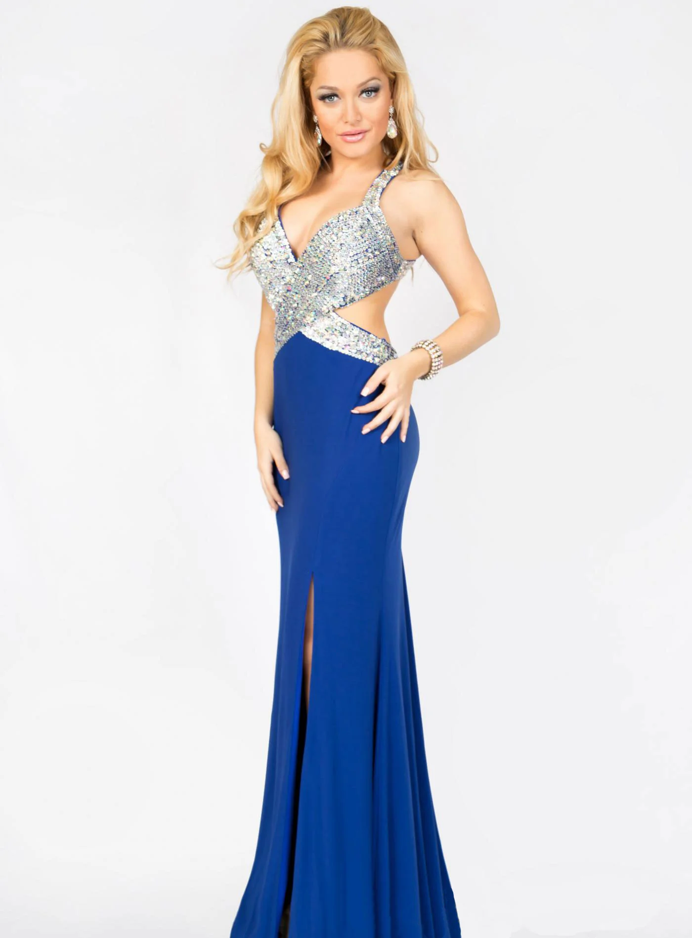 Venta > vestido azul rey con dorado > en stock