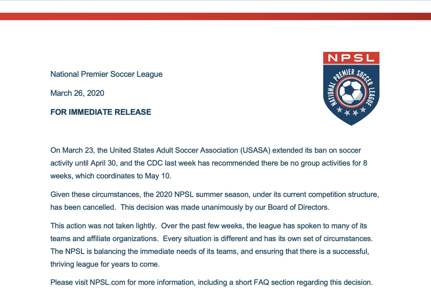 2020 NPSL Season Cancelled — FC Monmouth