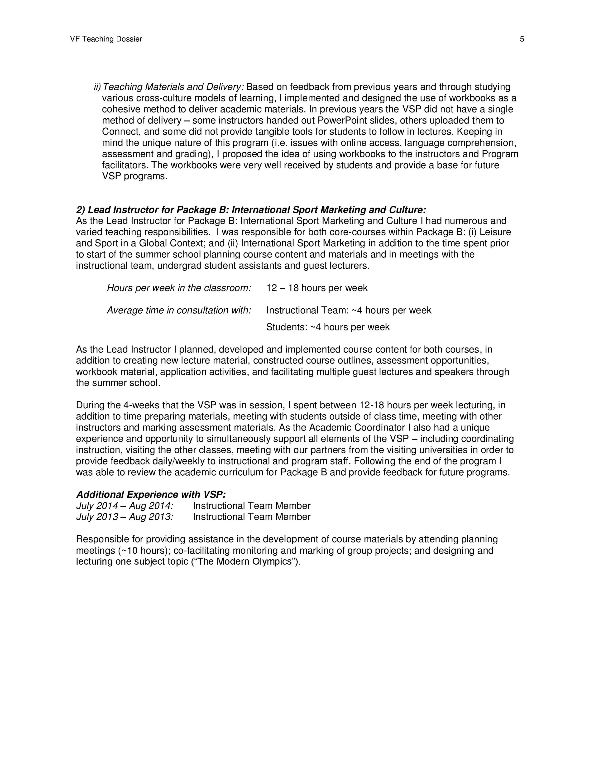 Teaching Dossier — VICTORIA FELKAR