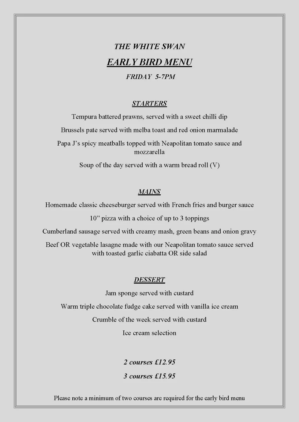 Early bird menu — The White Swan Bar & Kitchen
