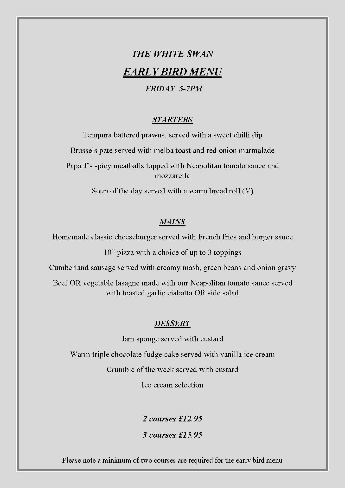 Early bird menu — The White Swan Bar & Kitchen