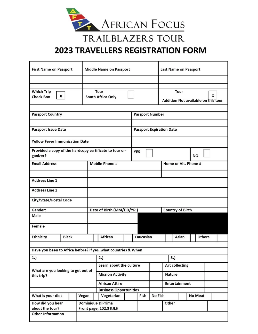 Tour Registration Application — African focus