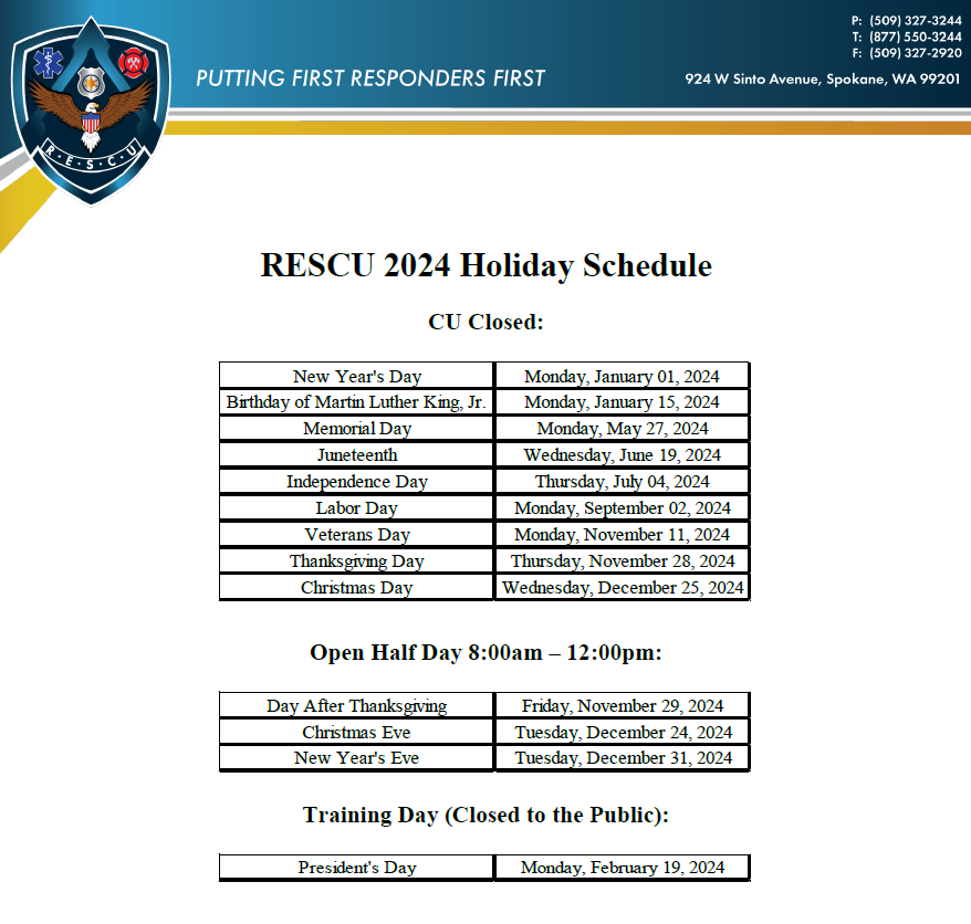 Hours and Holiday Schedule — Responders Emergency Services Credit Union