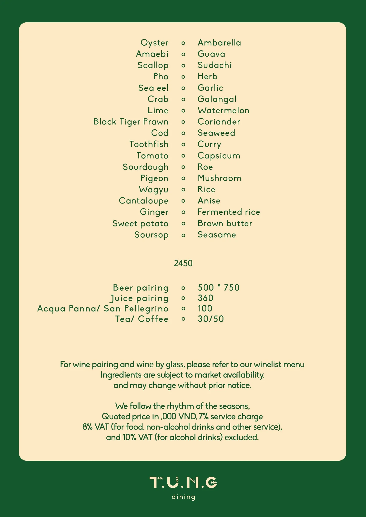 Menu — T.U.N.G dining