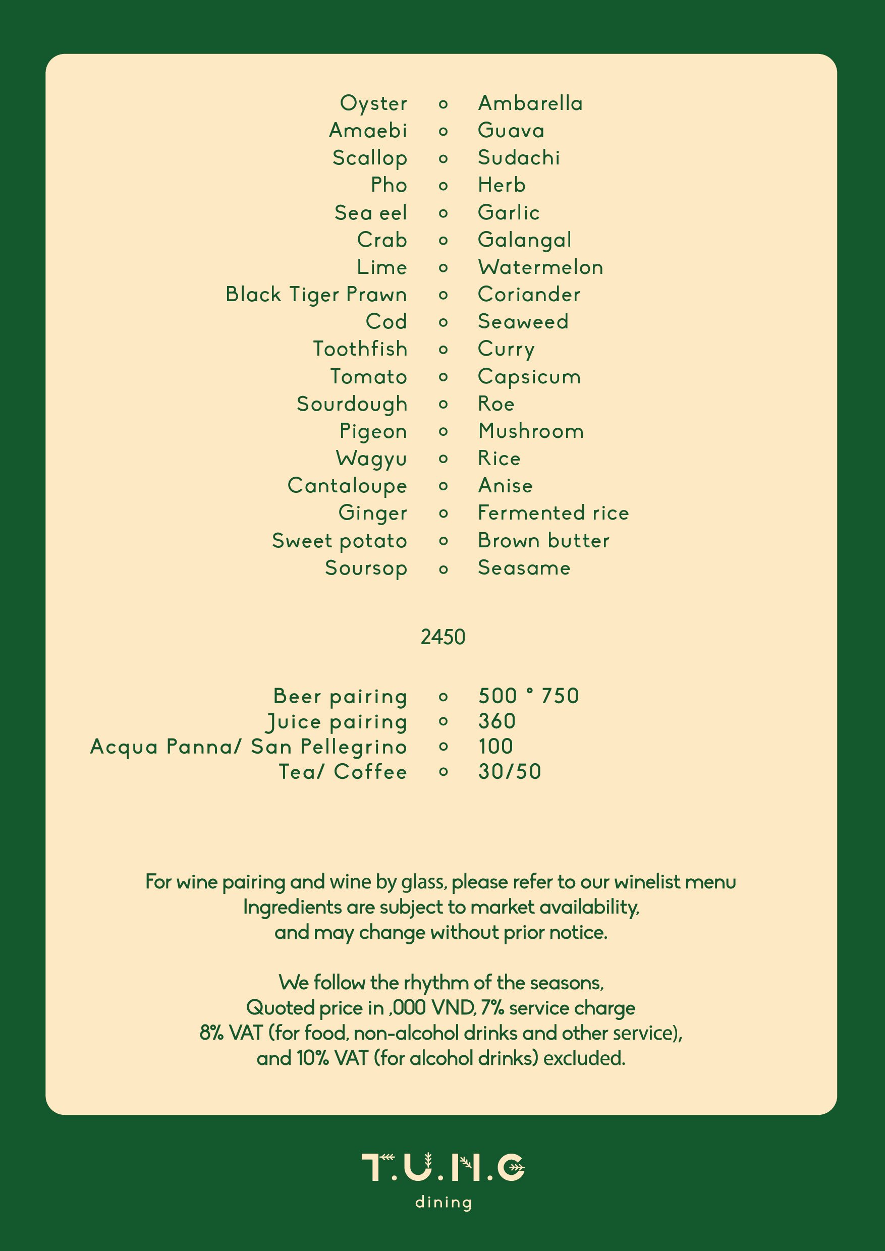 Menu — T.U.N.G dining