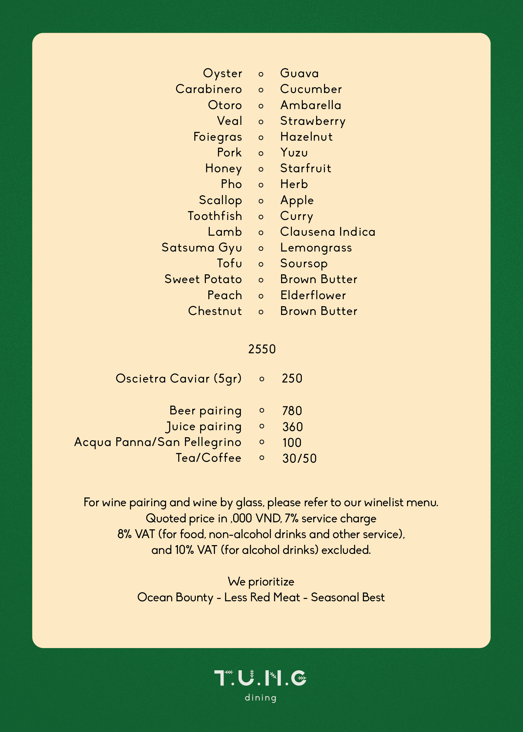 MENU — T.U.N.G dining