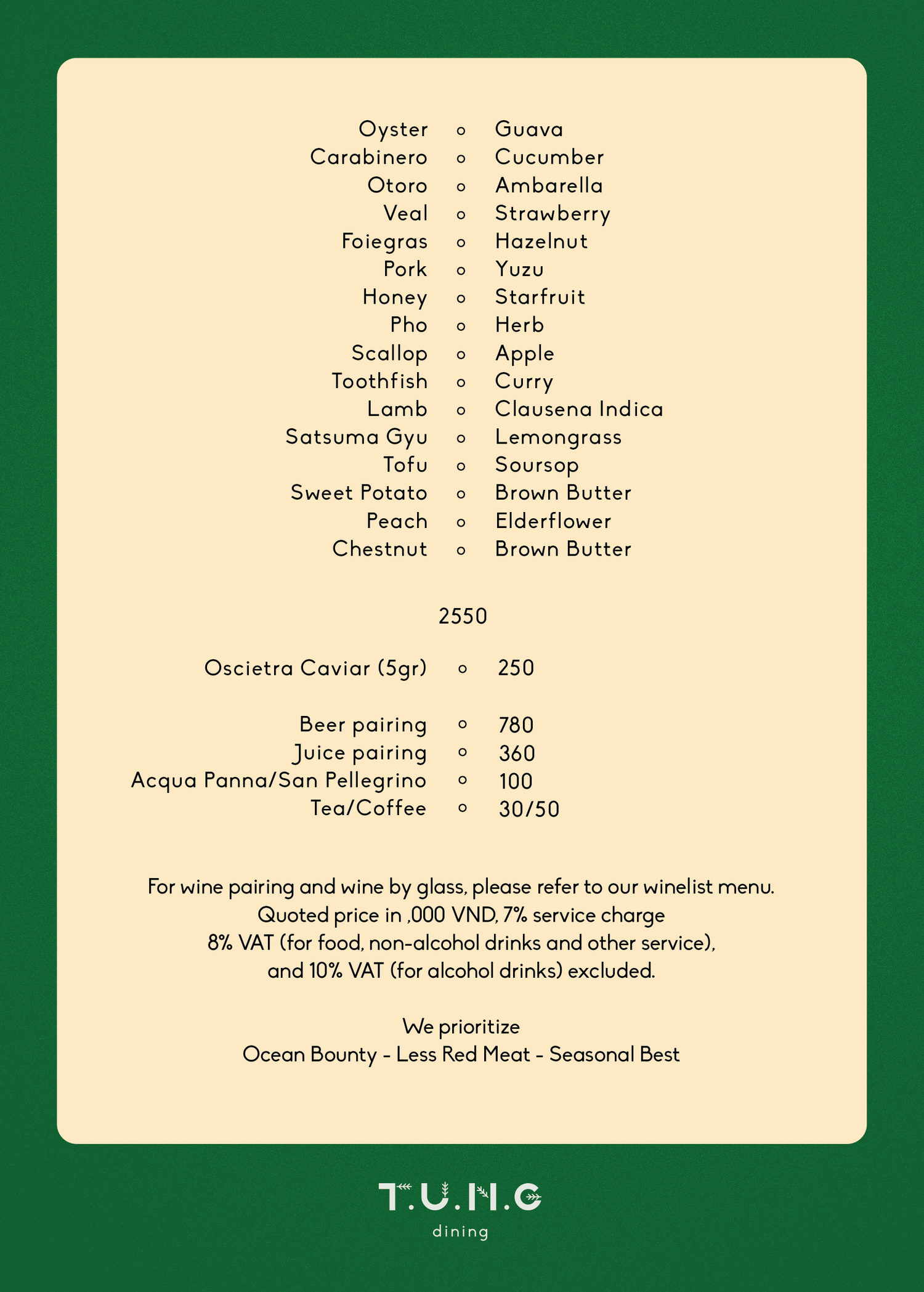 MENU — T.U.N.G dining
