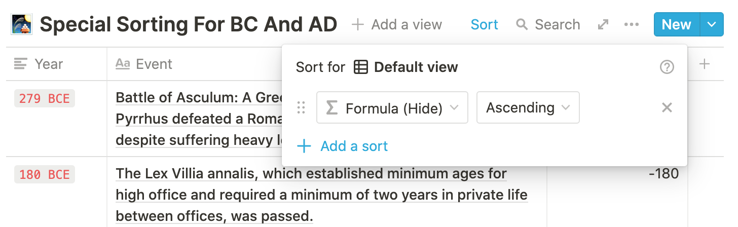 Notion Trick: Sort Years In A Timeline That Include BCE — Red Gregory