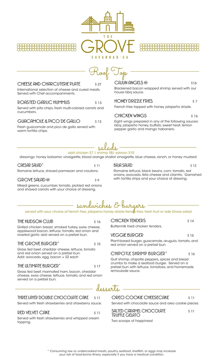 The Grove Menu — Savannah Restaurant & Rooftop Bar in City Market — The ...