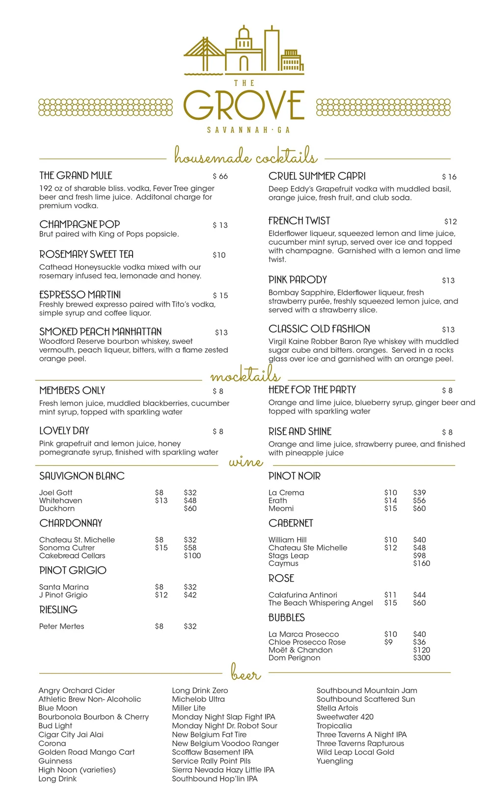The Grove Menu — Savannah Restaurant & Rooftop Bar in City Market — The ...