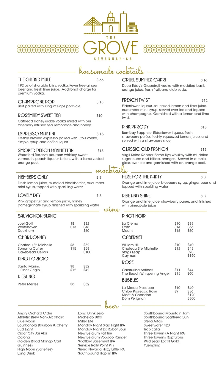 The Grove Menu — Savannah Restaurant & Rooftop Bar in City Market — The ...