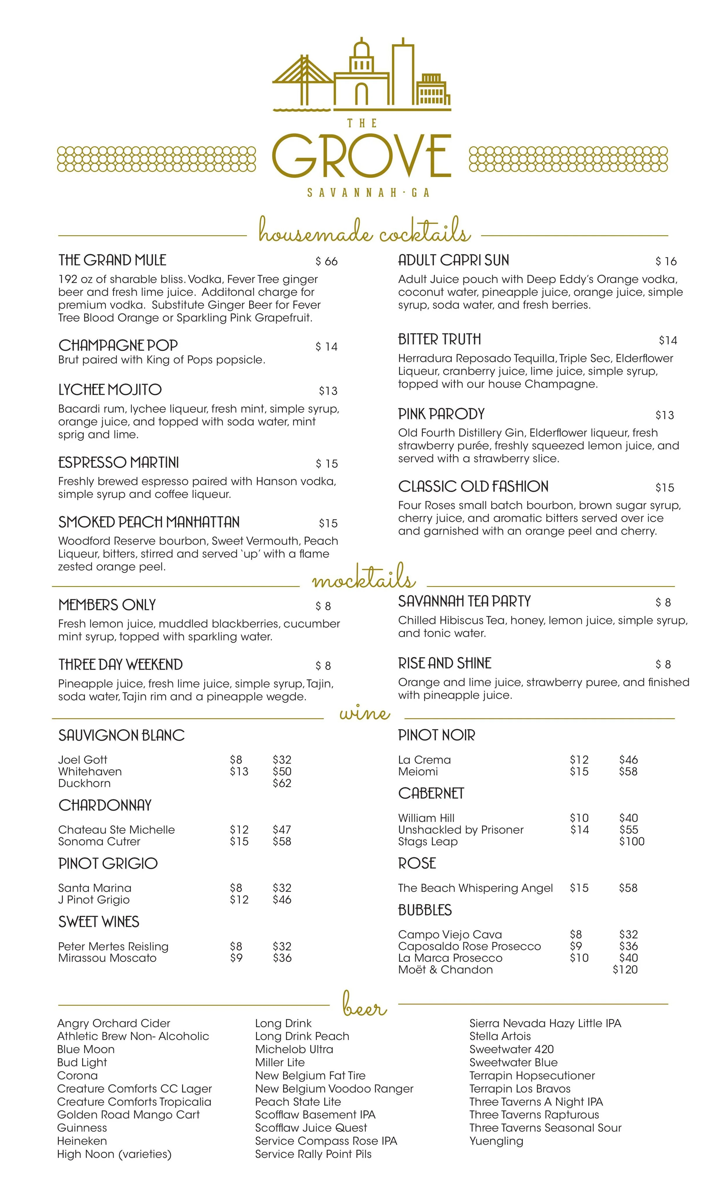 The Grove Menu — Savannah Restaurant & Rooftop Bar in City Market — The ...
