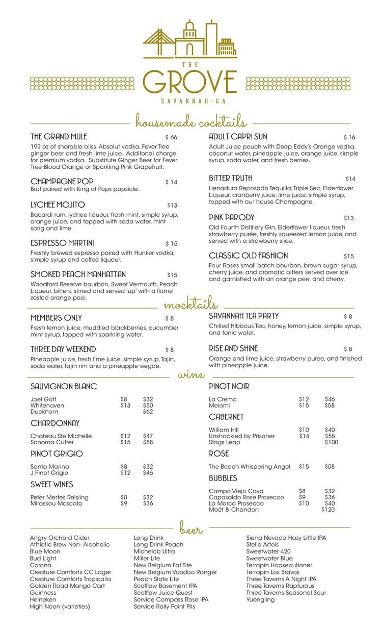 The Grove Menu — Savannah Restaurant & Rooftop Bar in City Market — The ...