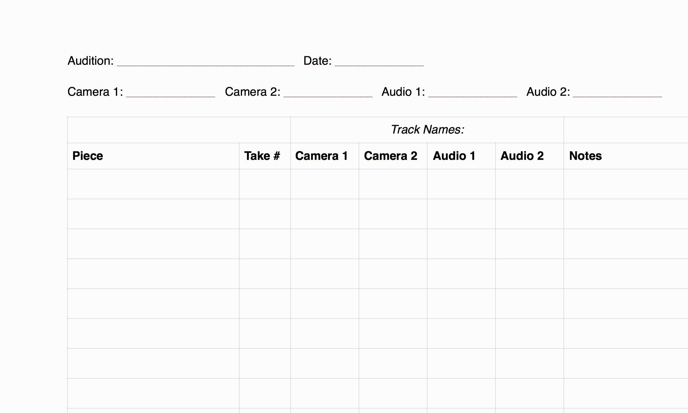 Audition Recording Note-Taking Sheet — Alex Goodin
