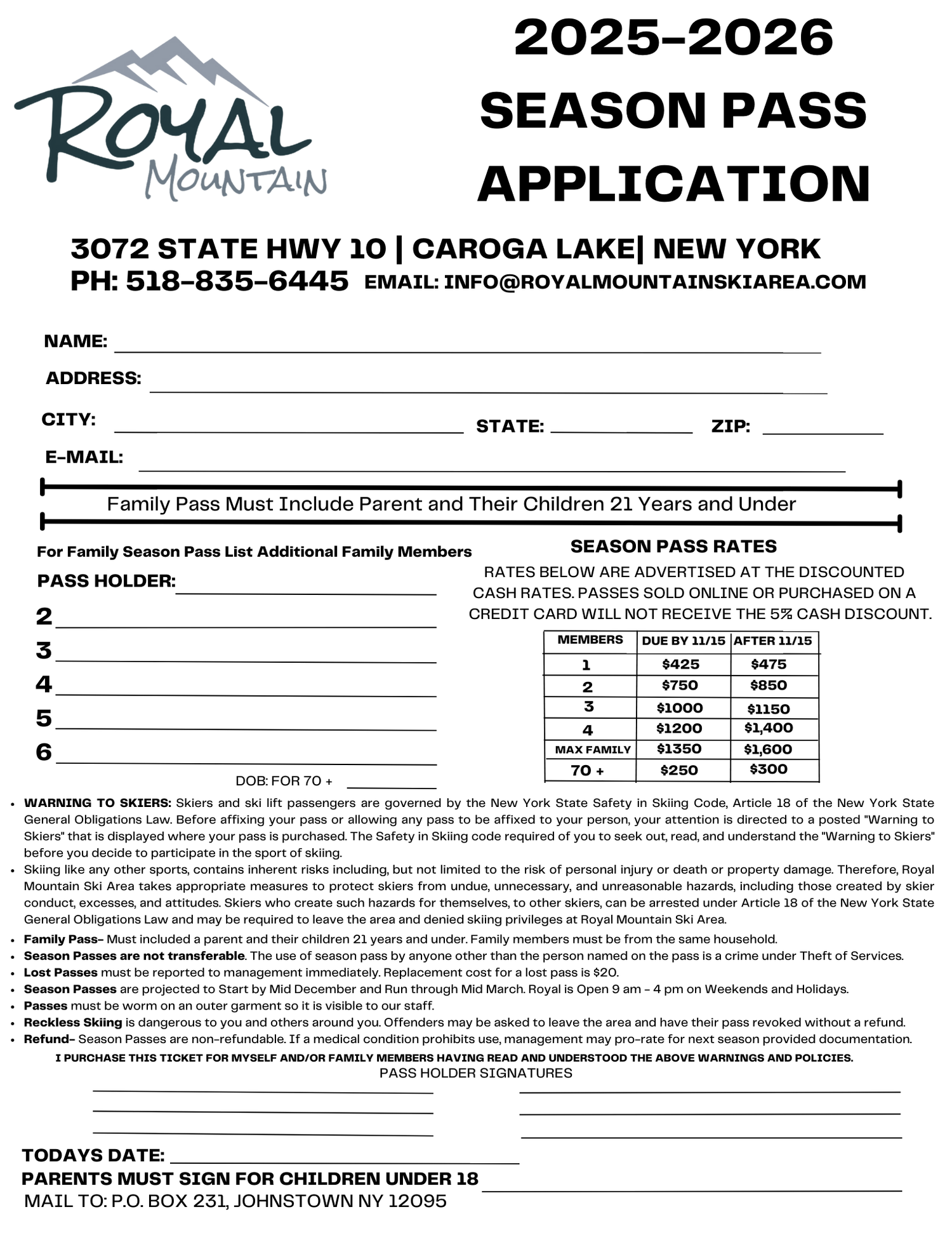 Season Passes — Royal Mountain Ski Area