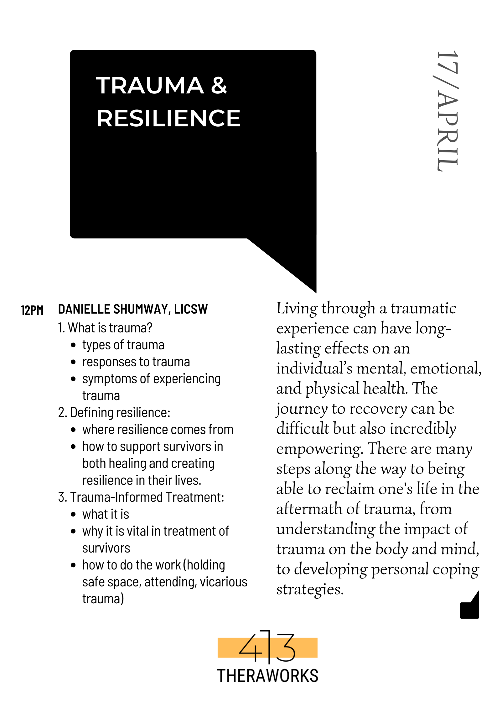 Upcoming Trainings | Workshops & Therapy For Work Stress - 413 THERAWORKS