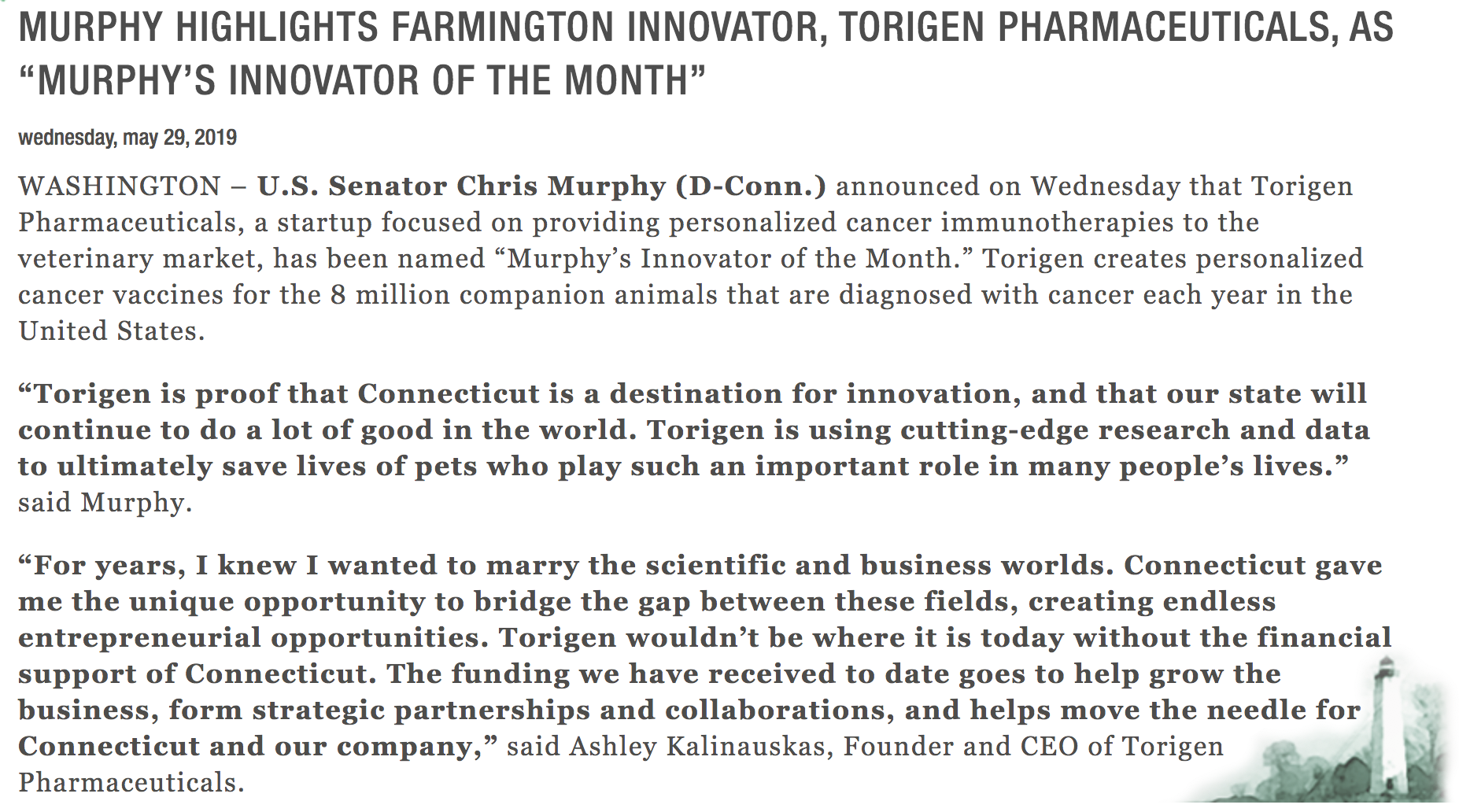 Recent Company Updates — Torigen Pharmaceuticals