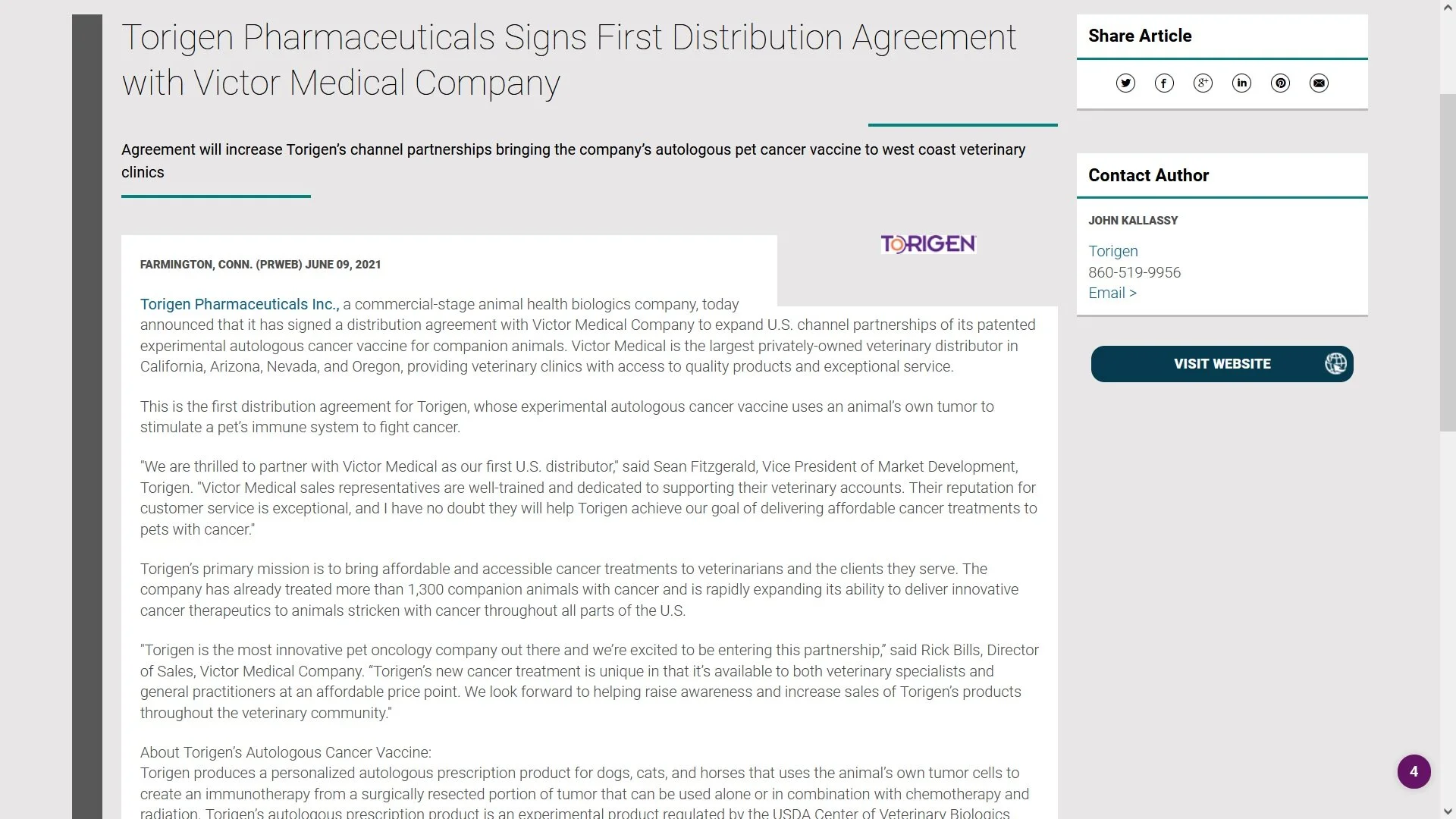 Recent Company Updates — Torigen Pharmaceuticals