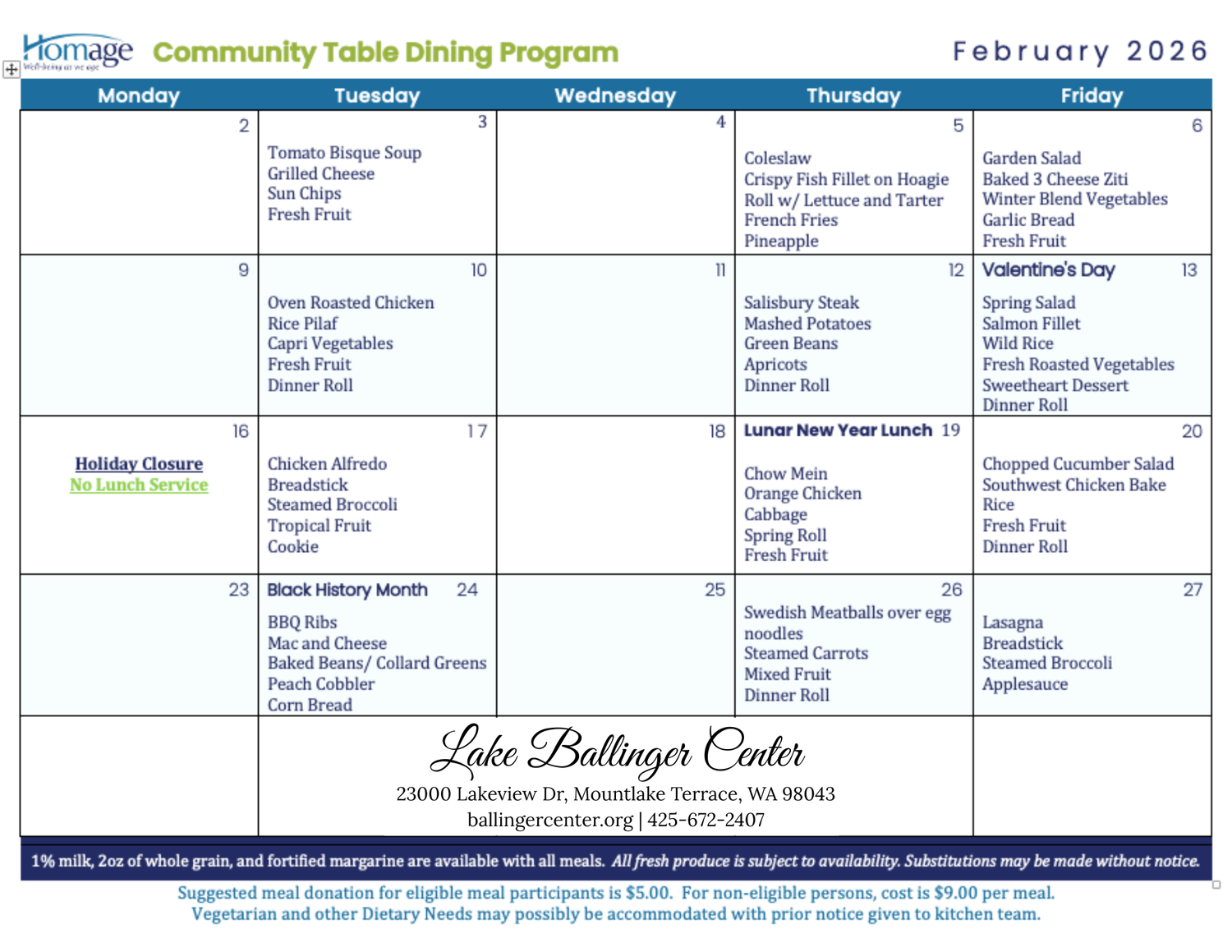 Lunch Menu Schedule — Lake Ballinger Center