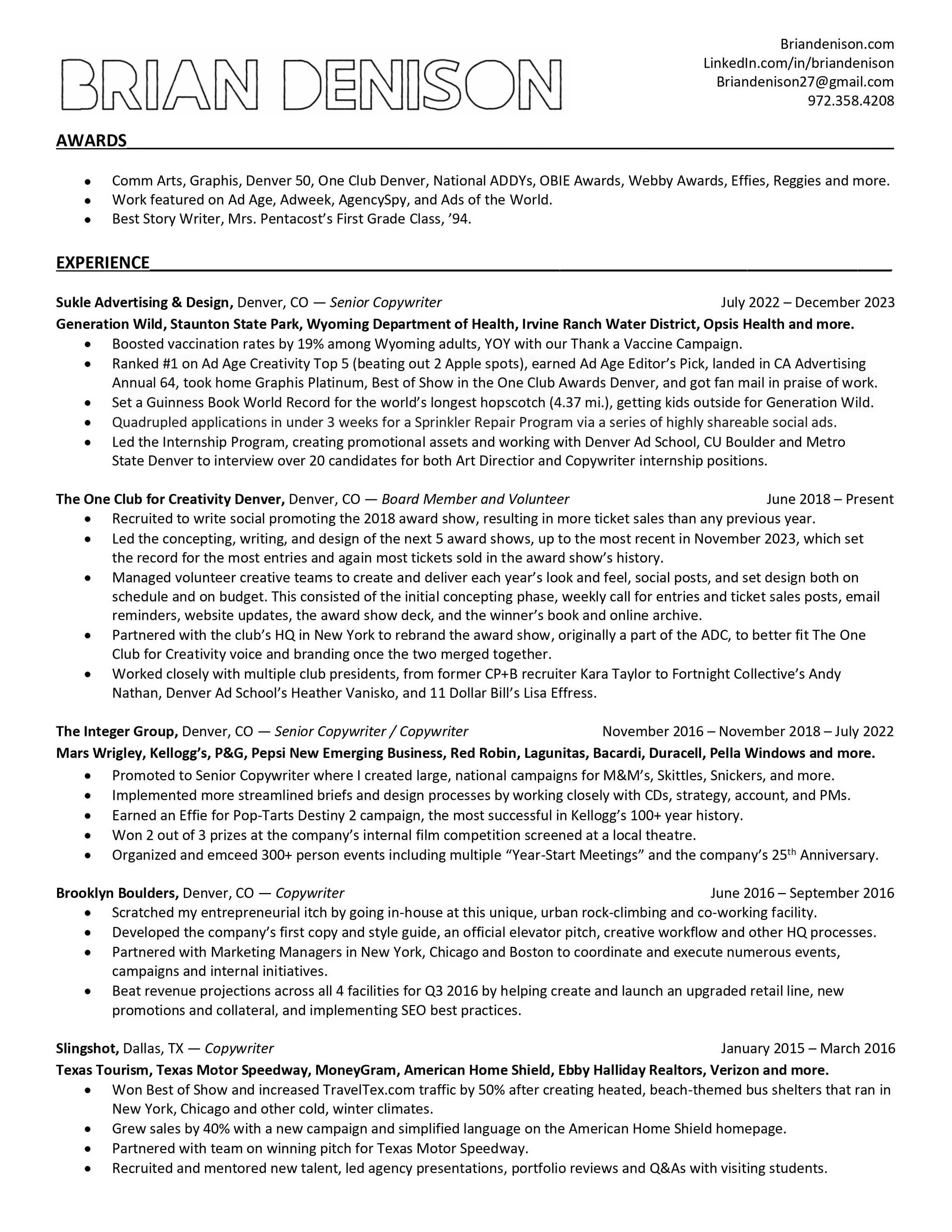 Resume — Brian Denison // Senior Copywriter