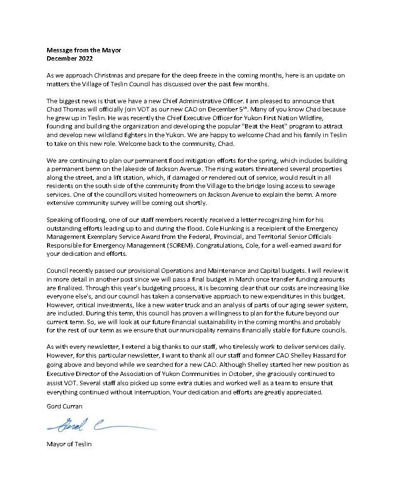 Message from the Mayor — Village Of Teslin