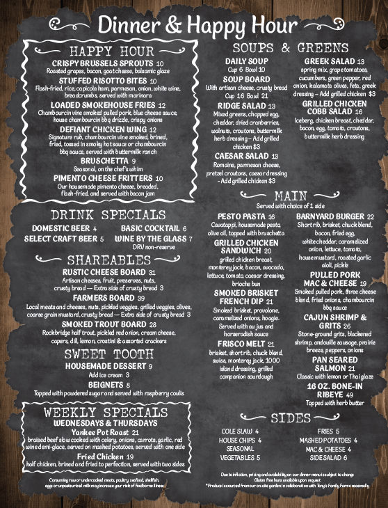 MENUS — Defiance Ridge Vineyards