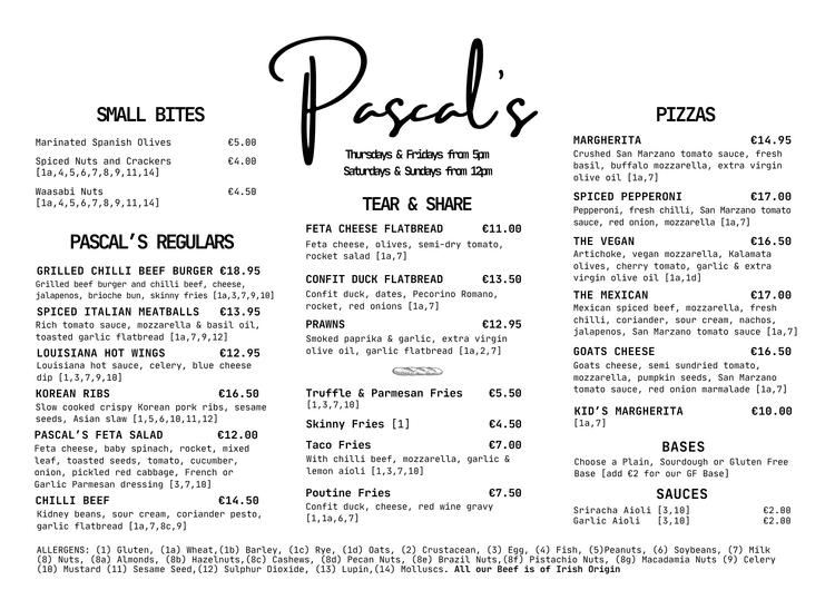 PASCAL'S MENU — Sandyford House | Bar & Restaurant | Sandyford Village