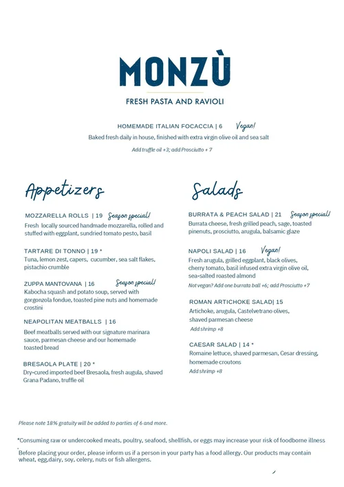 Menu — Monzu Fresh Pasta