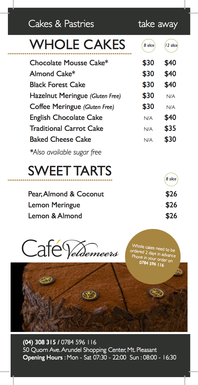 Cake And Pastries Menu — Cafe Veldemeers