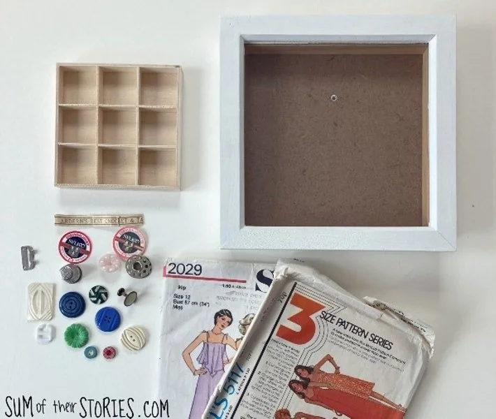 Upcycled Sewing Ephemera Shadow Box — Sum of their Stories Craft Blog