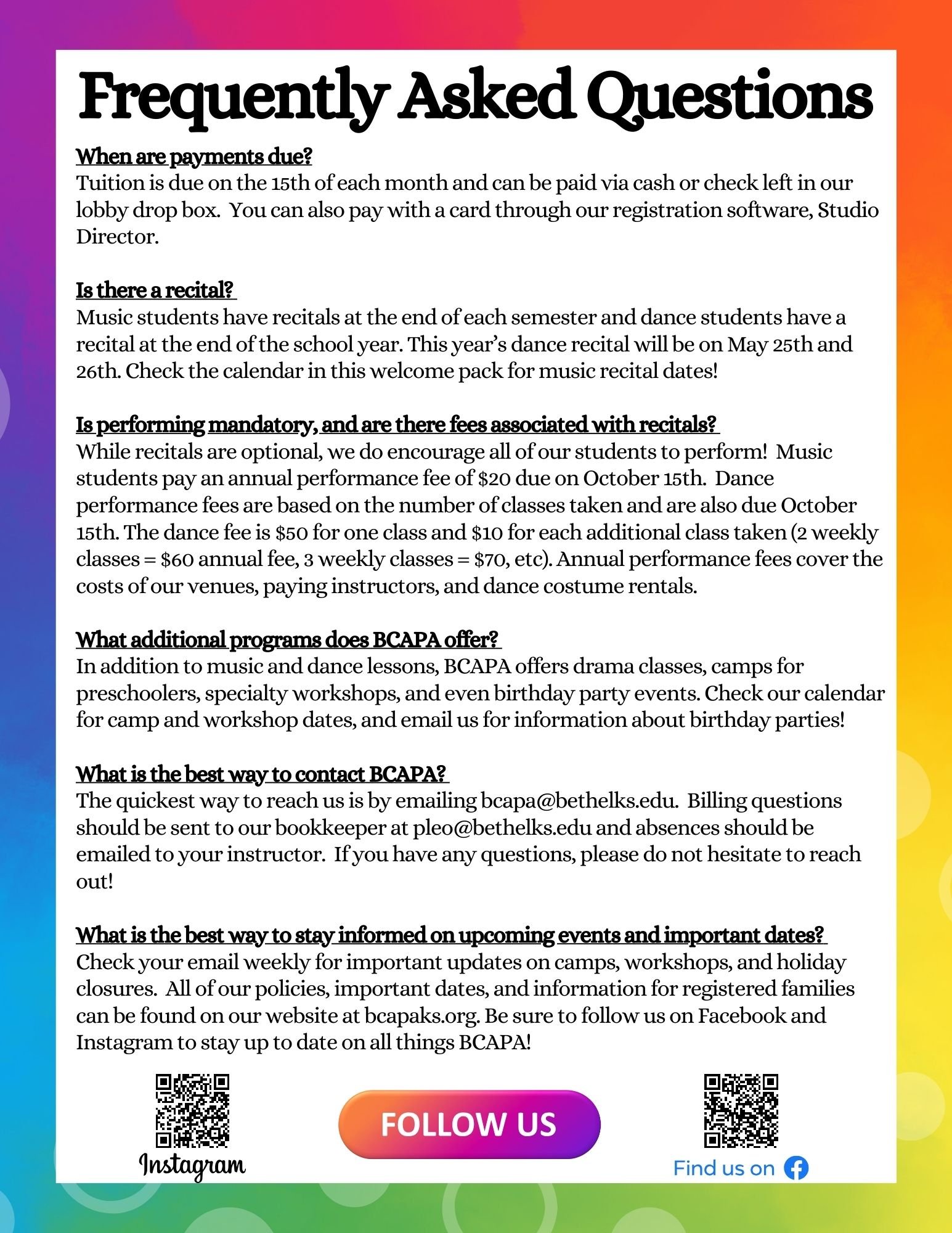 Frequently Asked Questions — Bethel College Academy of Performing Arts