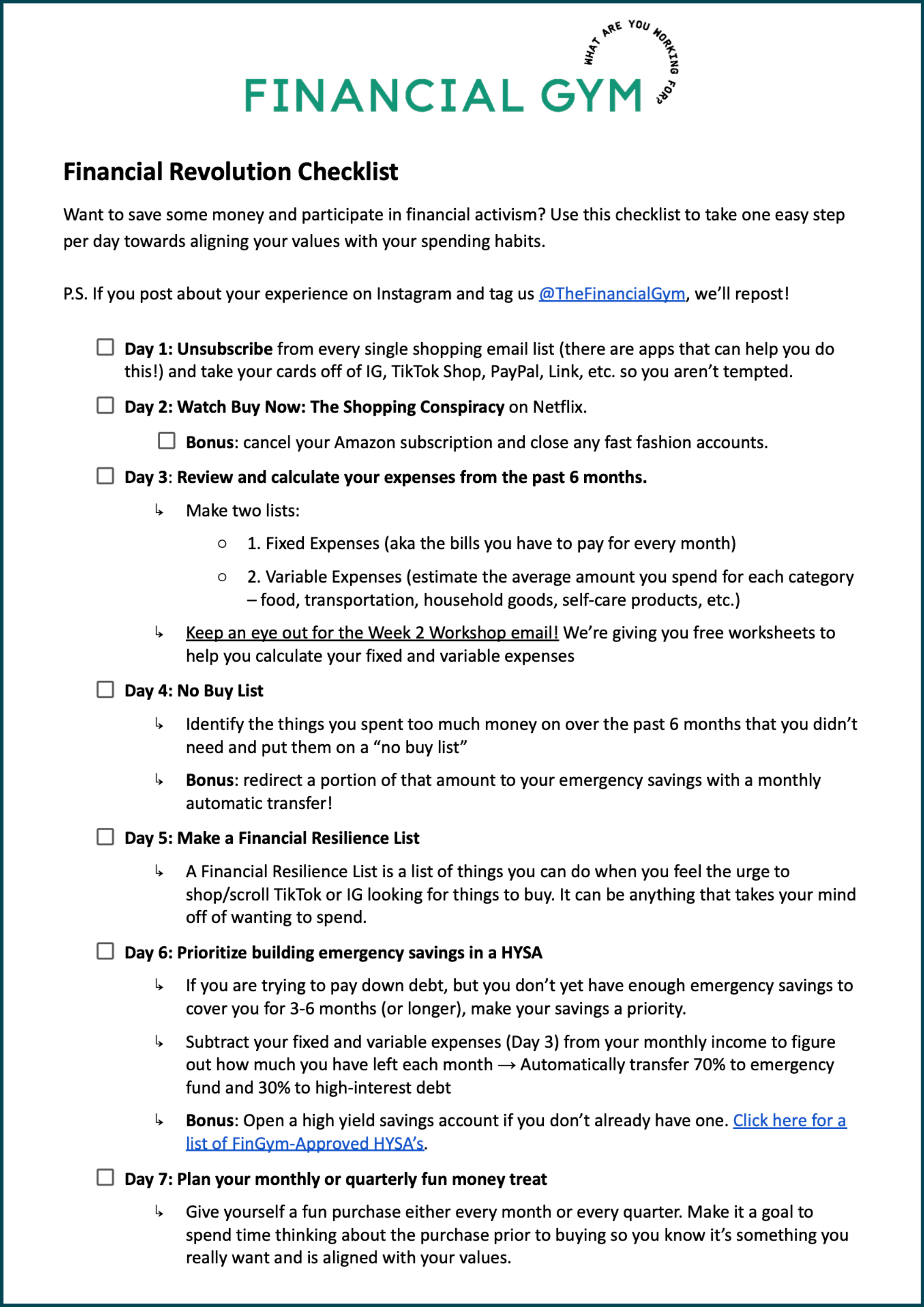 7 Days of Financial Revolution Checklist