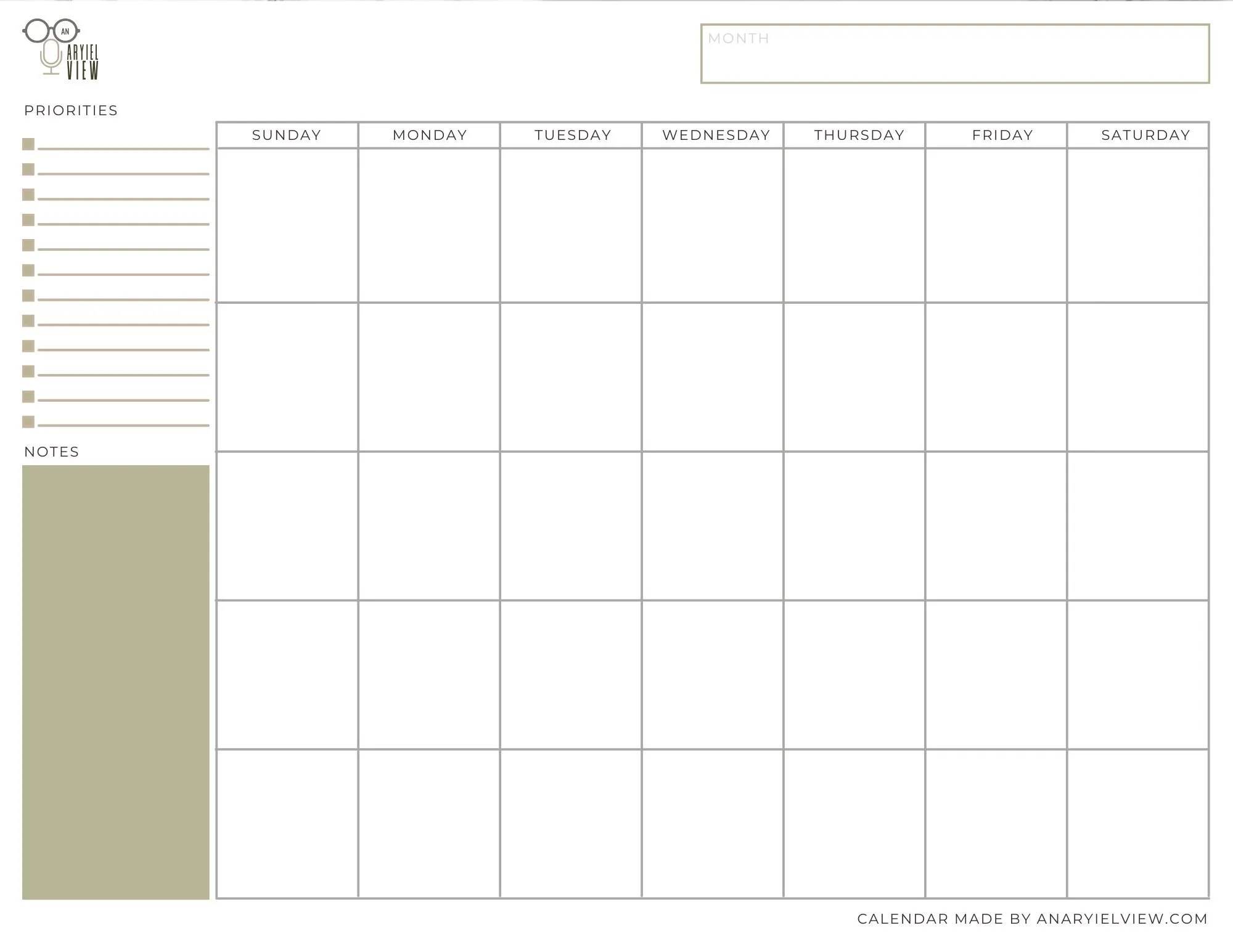 Printable Monthly Calendar Template (Sage) — An Aryiel View