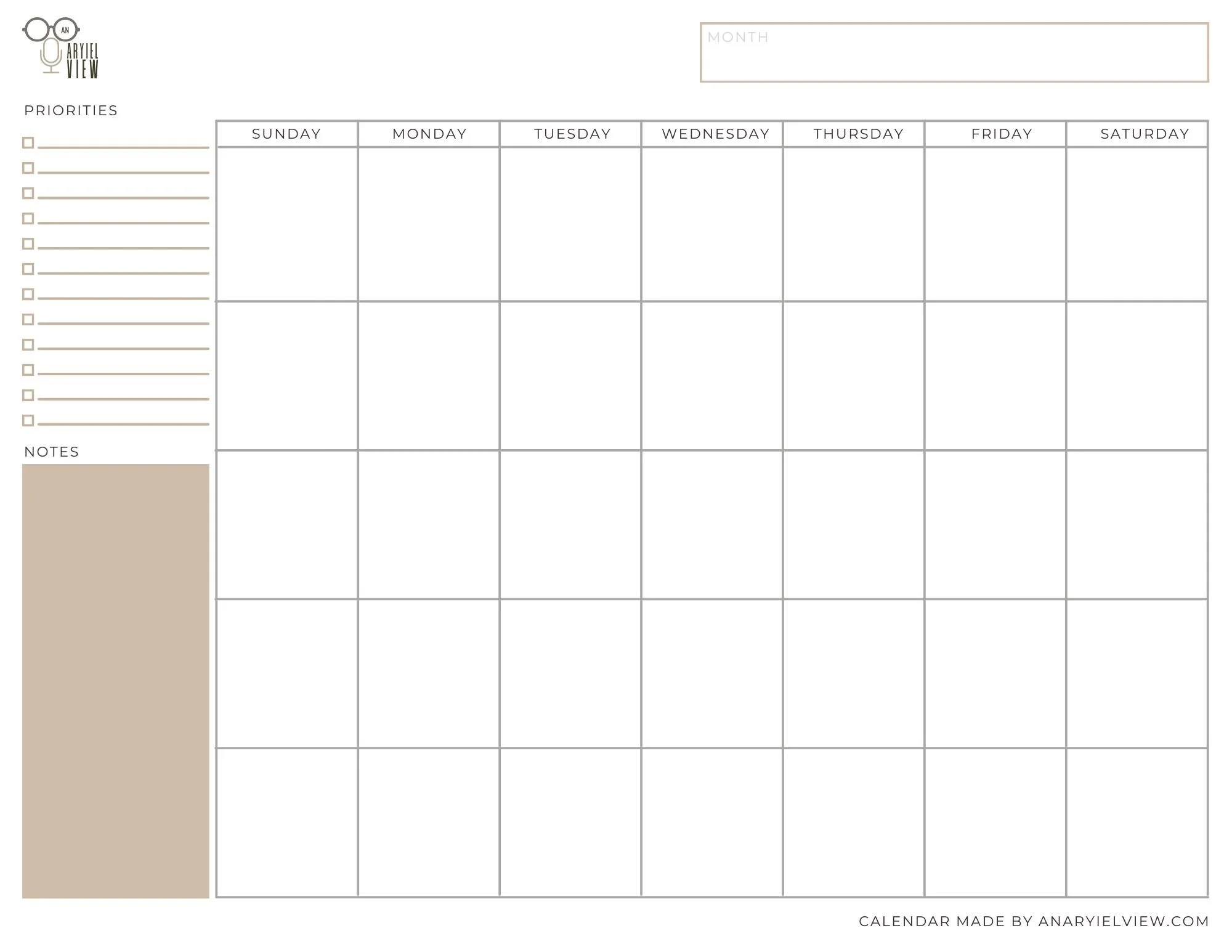 Printable Monthly Calendar Template (Tan) — An Aryiel View