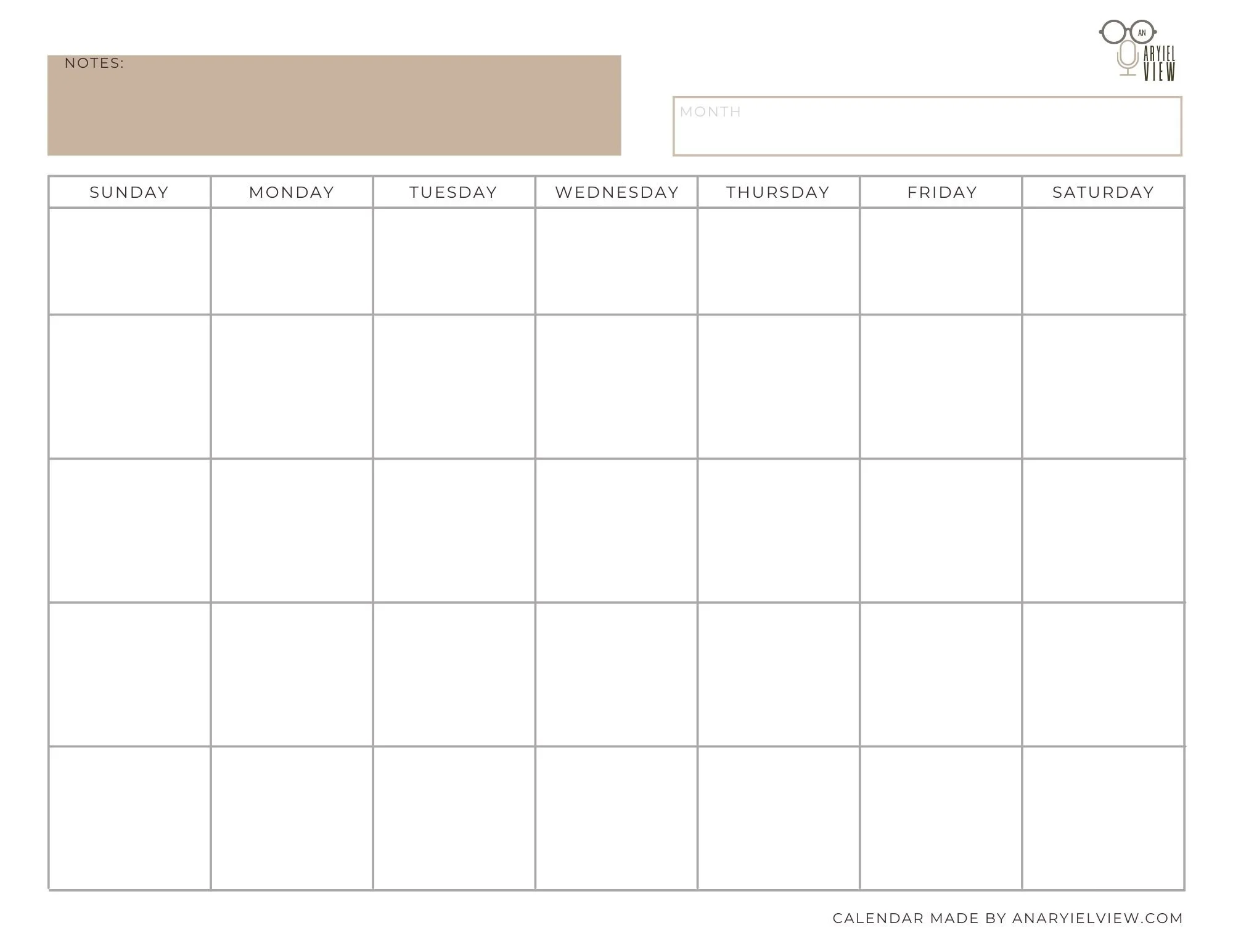 Printable Monthly Calendar Template (Tan) — An Aryiel View