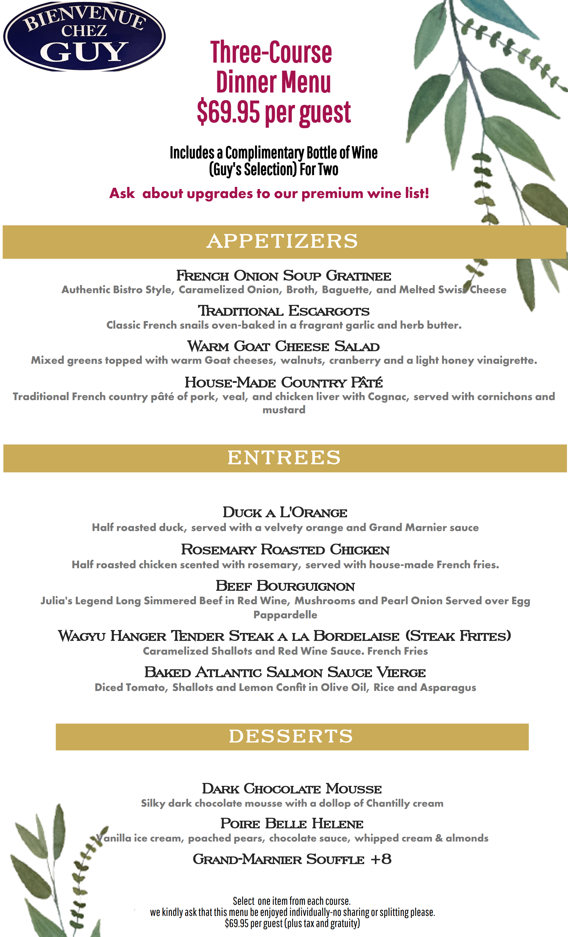 3-Course Menu ($69.95) — Chez Guy Parisian Bistro