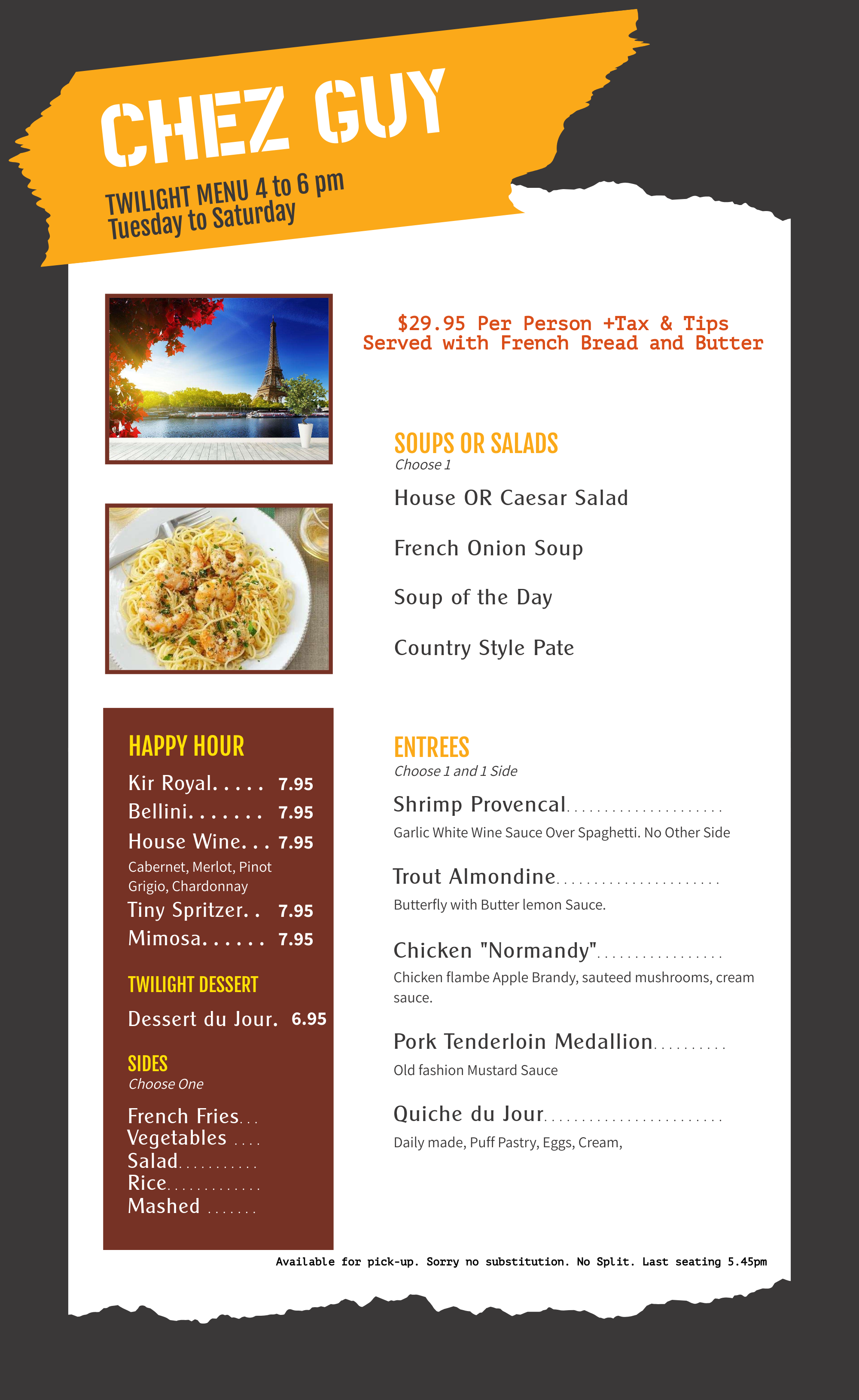 Dinner and Twilight Menu — Chez Guy Parisian Bistro