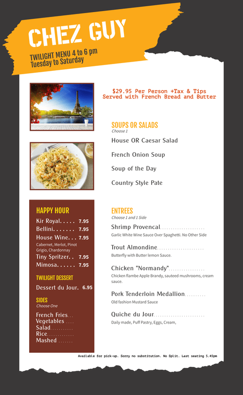 Dinner and Twilight Menu — Chez Guy Parisian Bistro