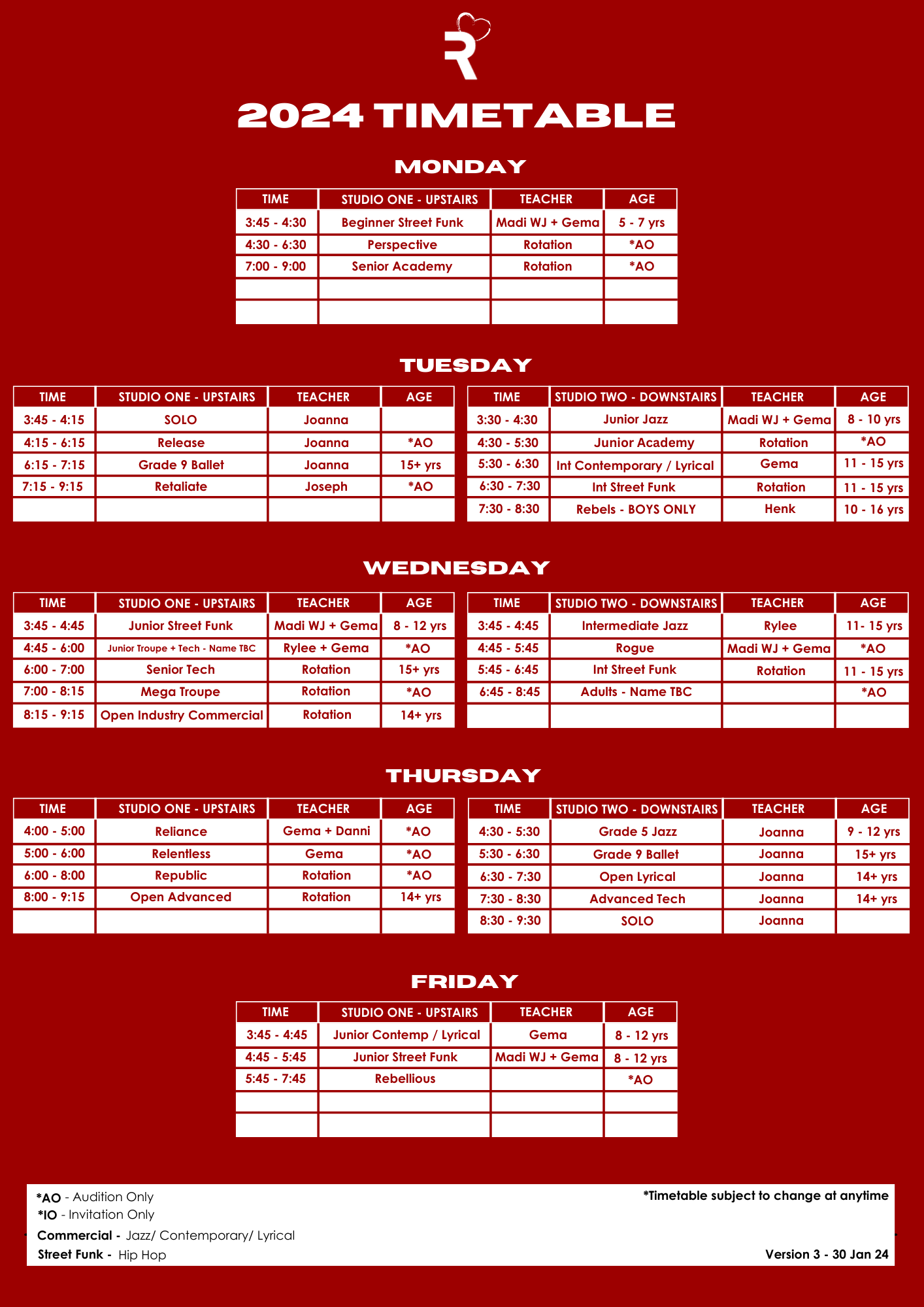 Timetable — Red Studio