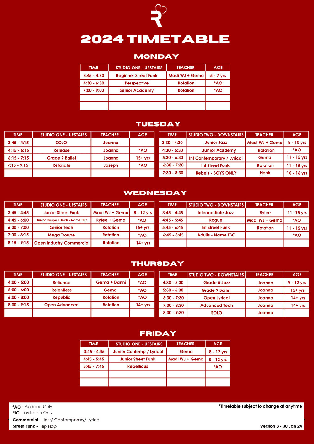 Timetable — Red Studio