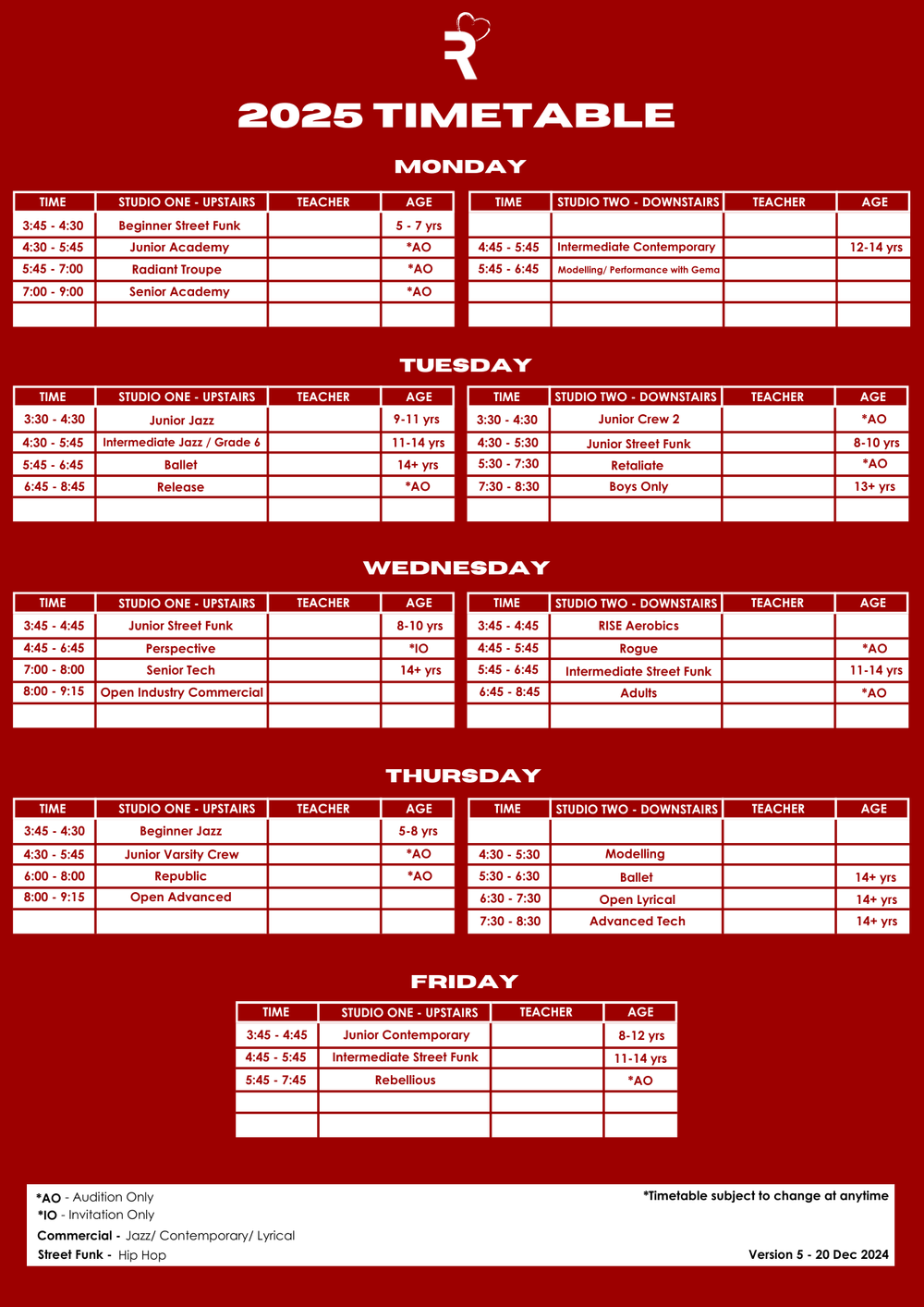 Timetable — Red Studio