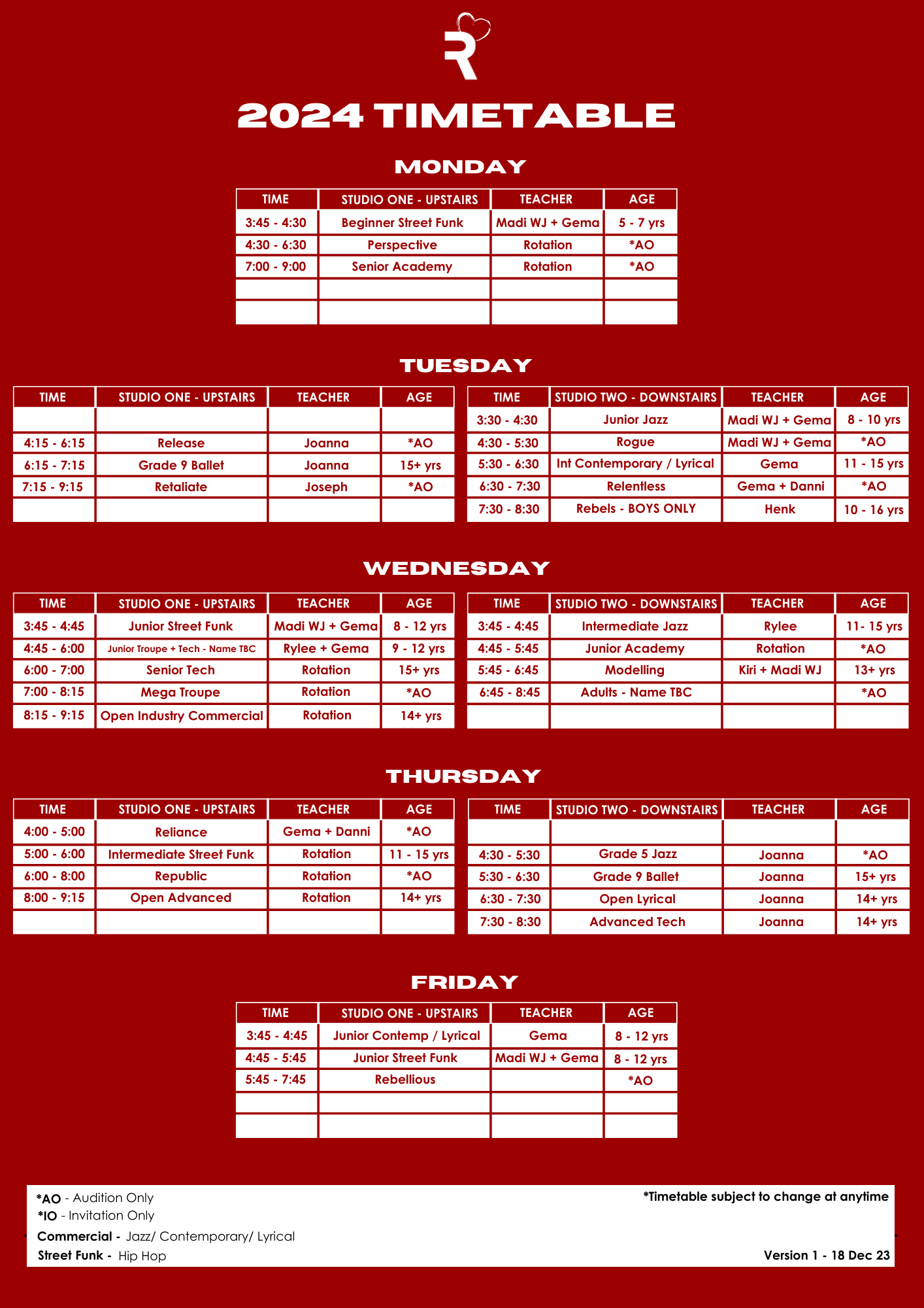 Timetable — Red Studio