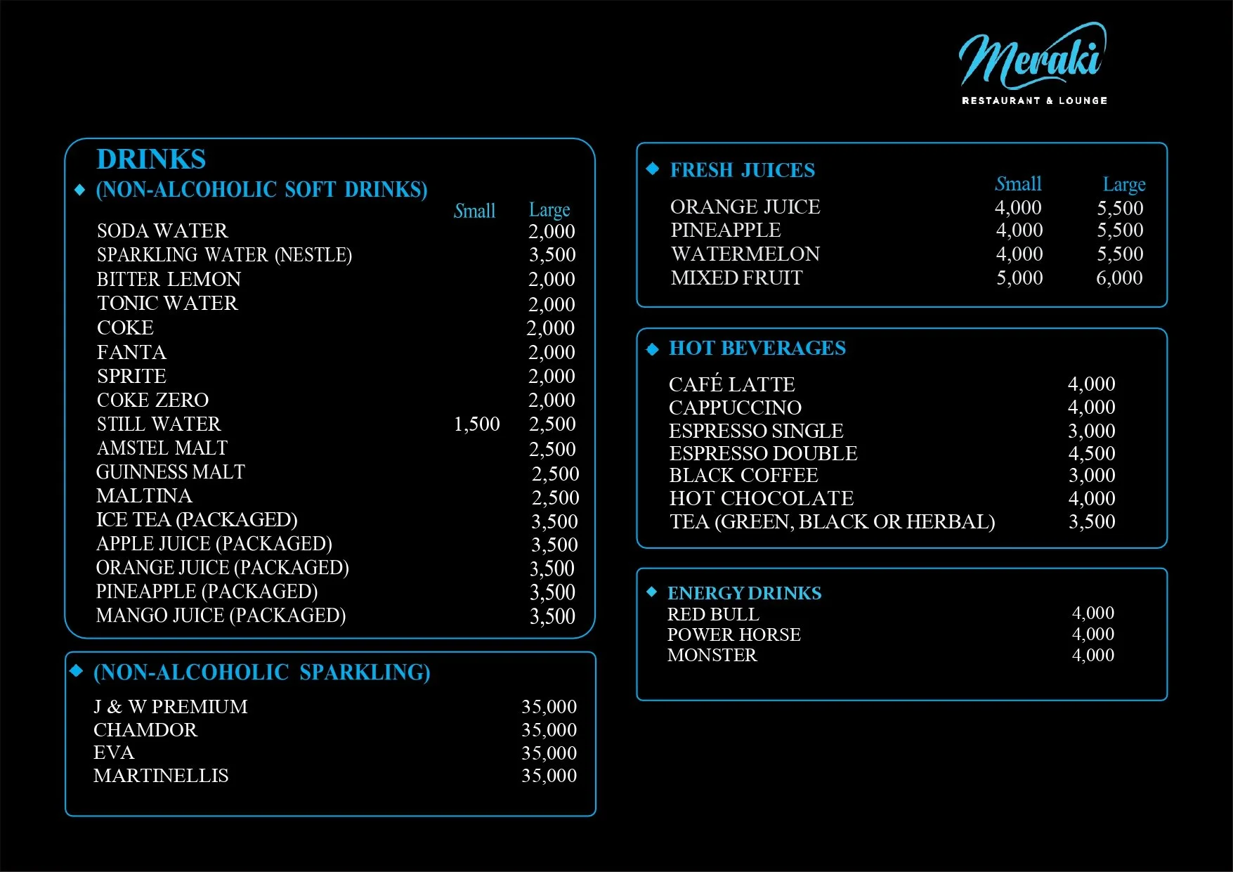 Meraki Drinks Menu — Belanova Apartments and Suites