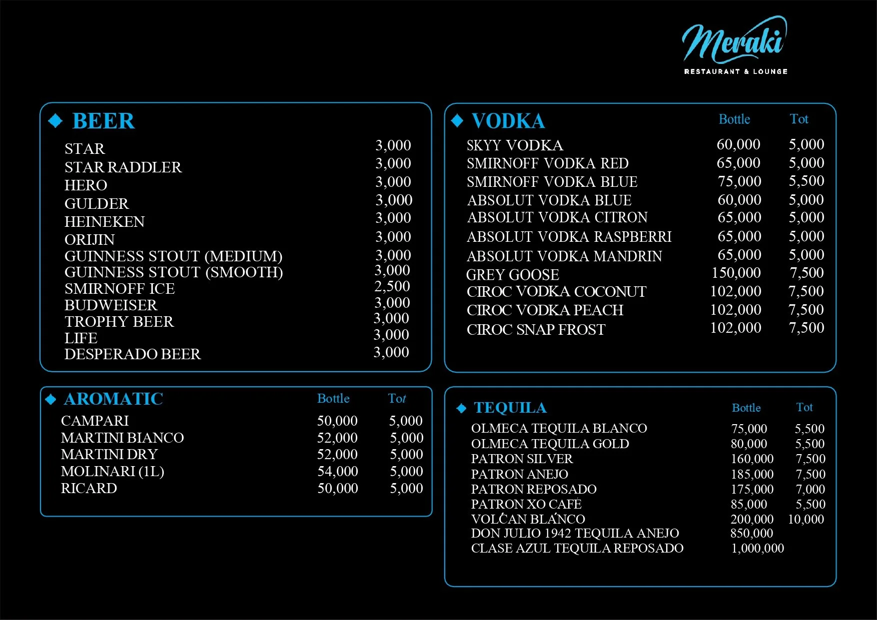 Meraki Drinks Menu — Belanova Apartments and Suites